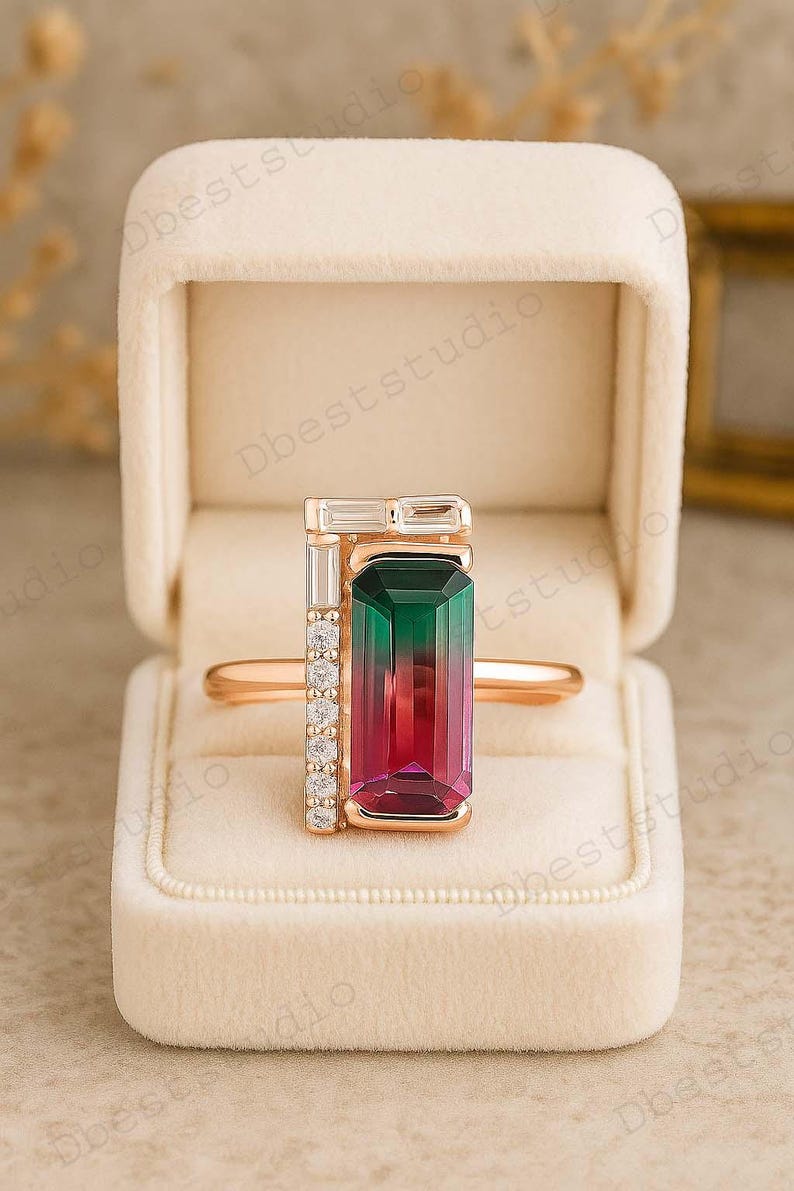 Emerald Cut Watermelon Tourmaline Promise Ring, Yellow Gold Plated ...