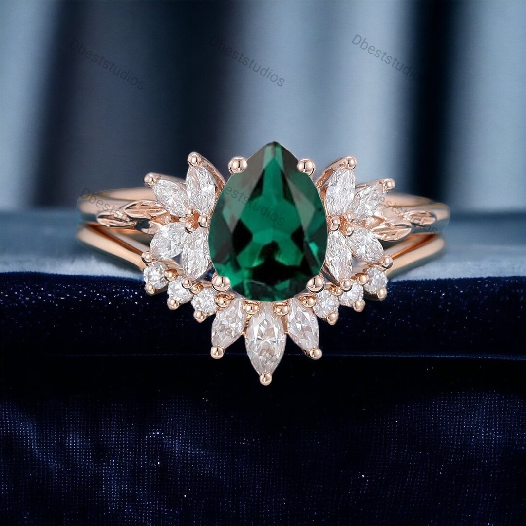 Green Emerald Engagement Ring Set Women Cluster Stacking Ring Rose Gold ...