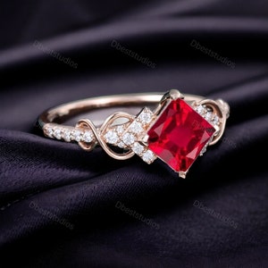 Princess Cut Ruby Engagement Ring, Unique Gold Diamond Bridal Ring ...