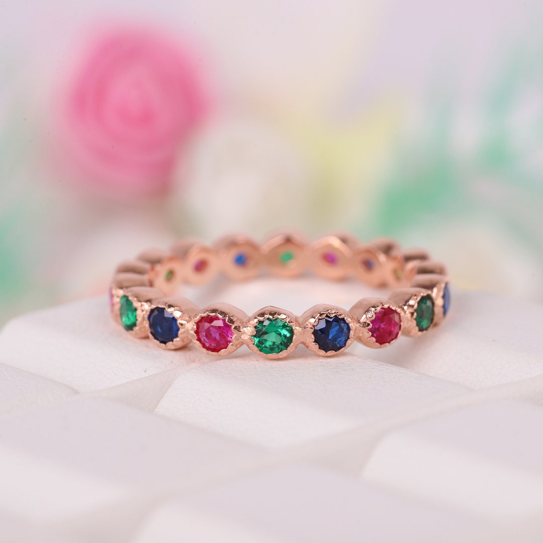 Sapphire Ruby and Emerald Band, Art Deco Matching Band, Women Rose Gold ...
