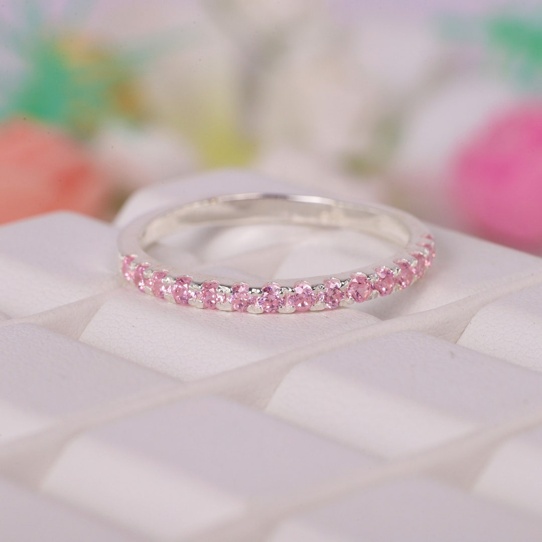 Pink Sapphire Half Eternity Band, September Birthstone Stacking Band ...