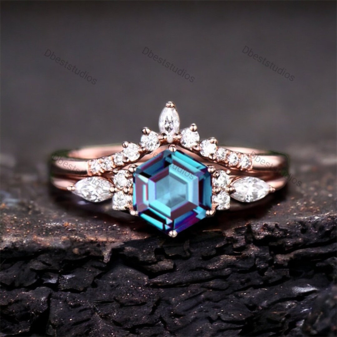 Hexagon Shape Alexandrite Wedding Ring Set, Rose Gold Moissanite Bridal ...