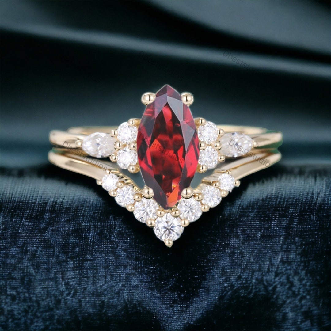 Marquise Cut Garnet Wedding Ring Set Red Garnet Gemstone Ring Set Art Deco Diamond Bridal Band ...