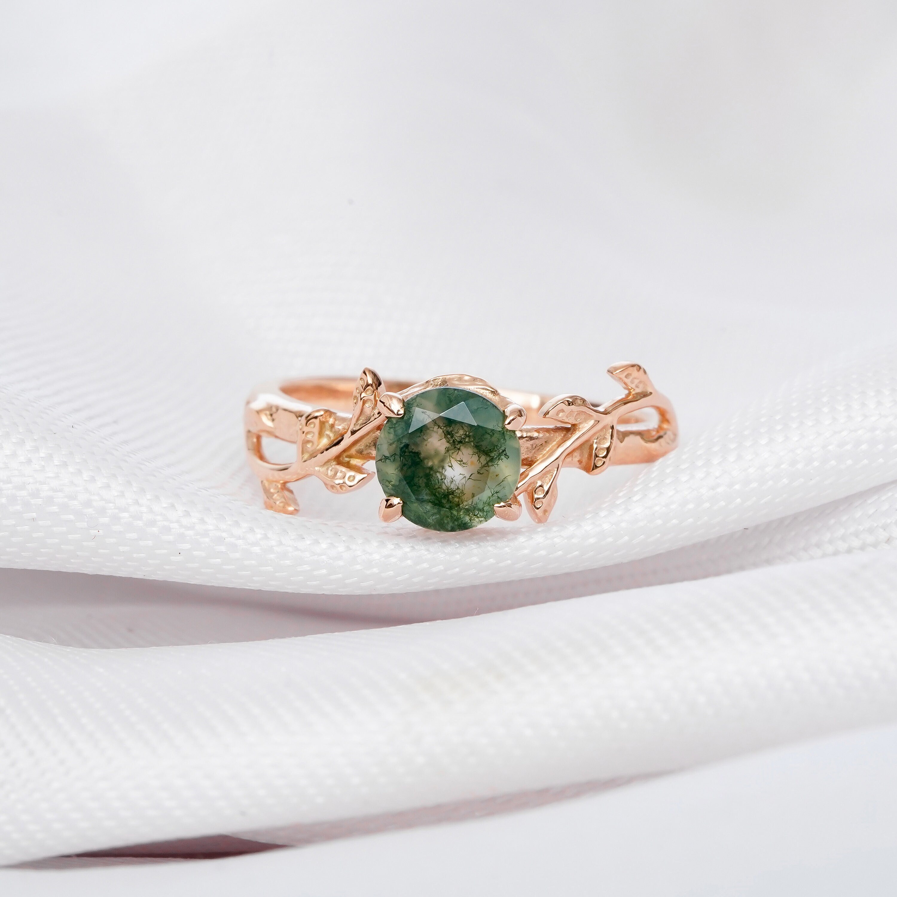 Round Moss Agate Ring for Women Aquatic Agate Promise Ring - Etsy