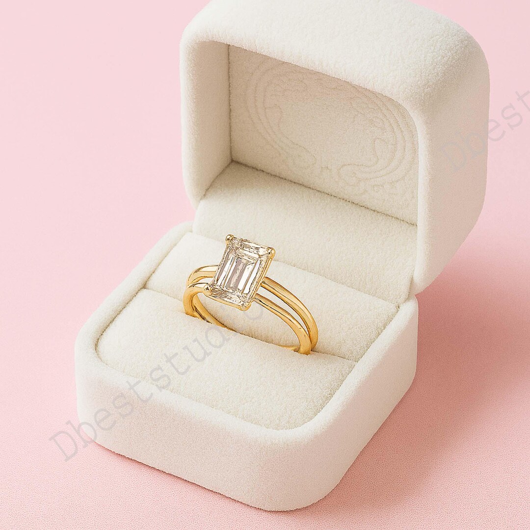Emerald Cut Double Band Ring, Solitaire Moissanite Colourless Diamond ...