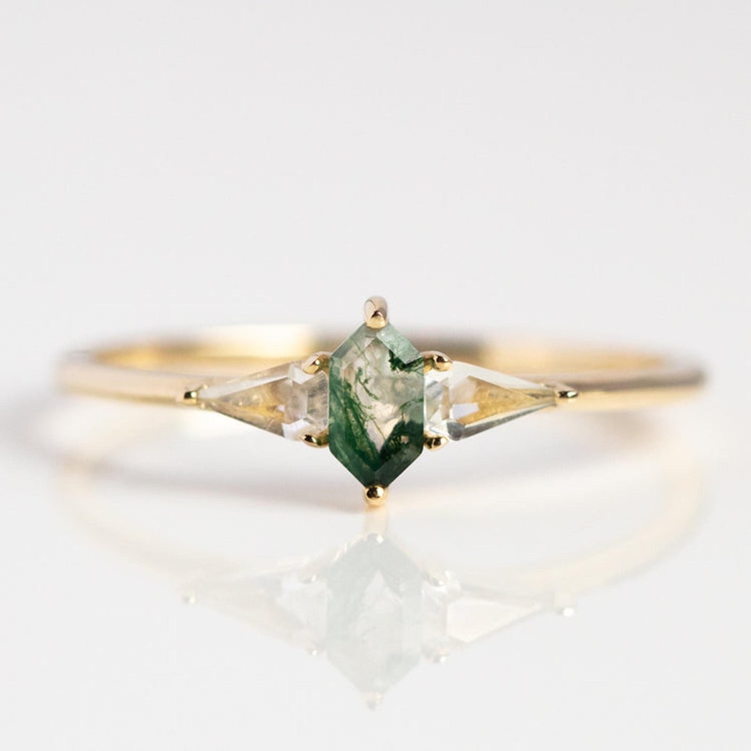 Natural Moss Agate Engagement Ring, Women's Dainty Ring, Delicate ...