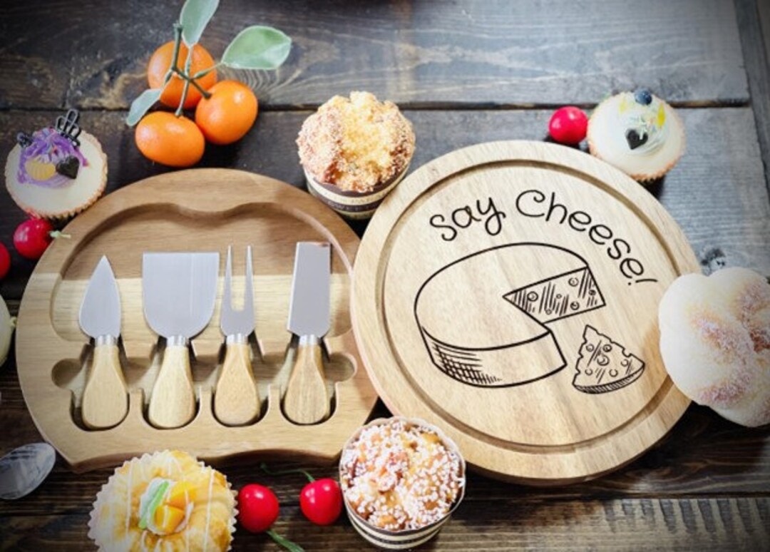 Say Cheese Round Cheese Board, Swivels, Charcuterie Board, Utensils ...