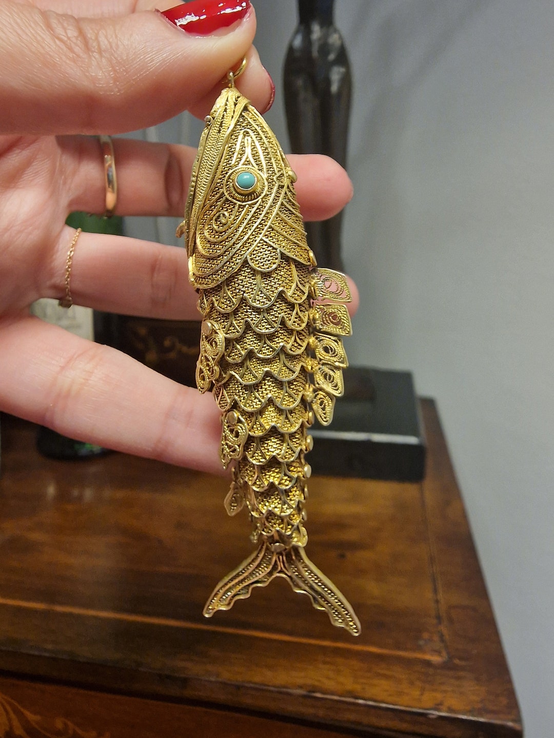 Large and Impressive Articulated Fish Pendant in Filigree Vermeil gold ...