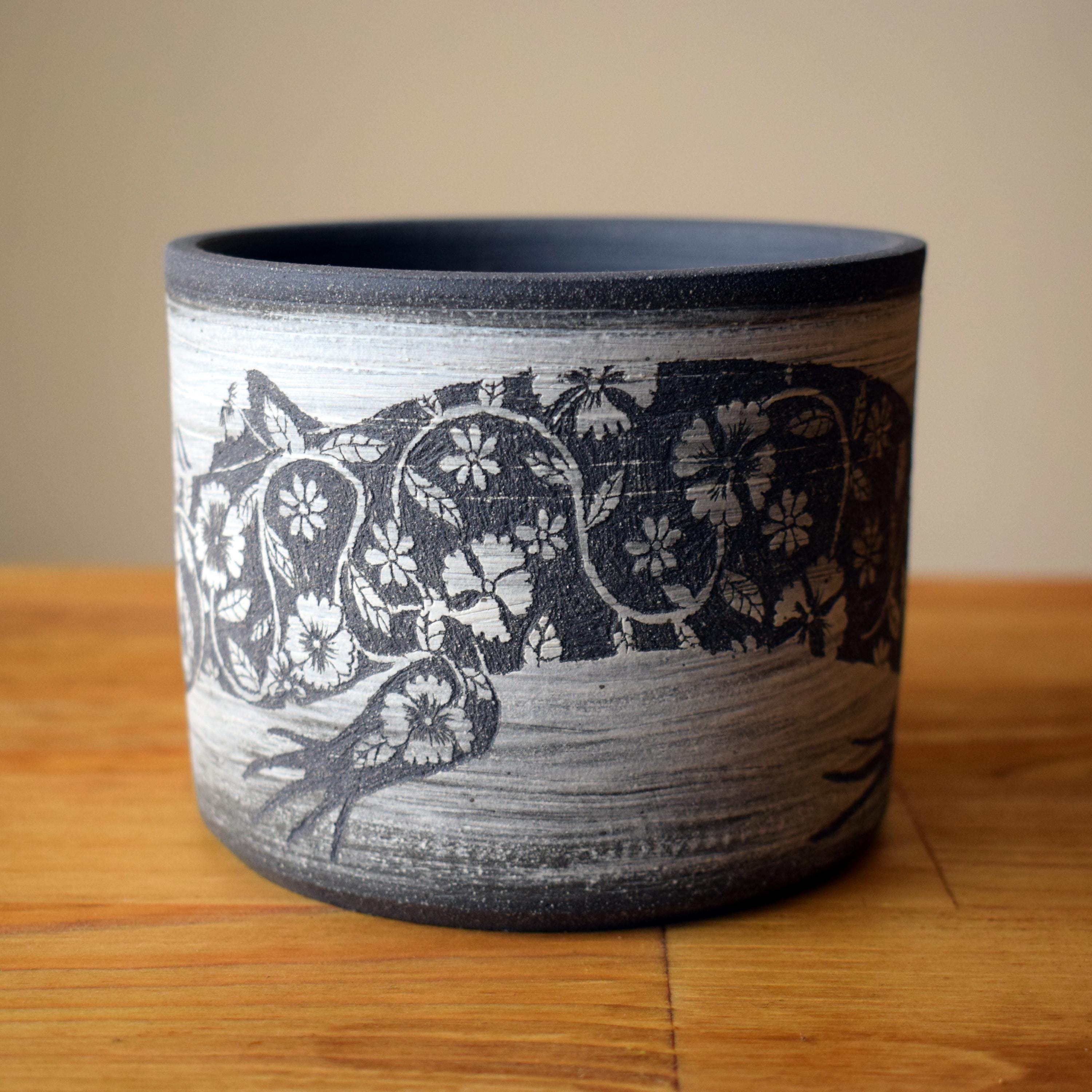 Wheelthrown Stoneware Planter With Sgraffito Engraving - Etsy