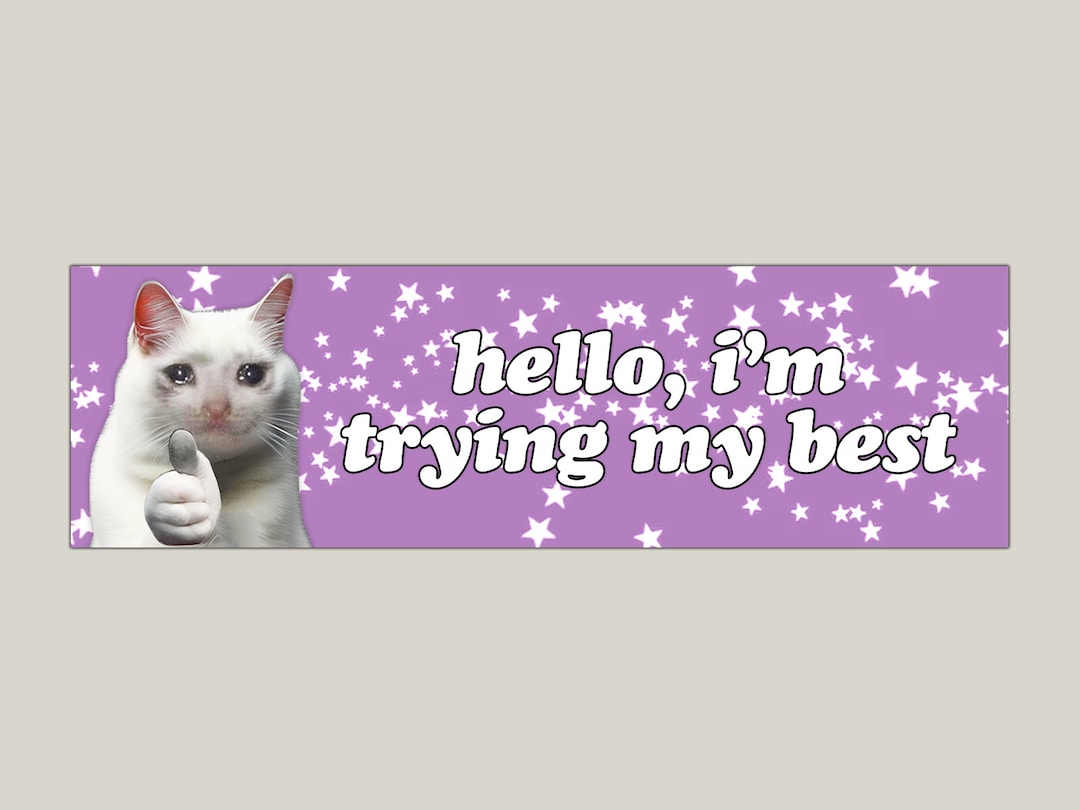 Hello I'm Trying My Best Cat Giving Thumbs up Bumper Sticker & Car ...