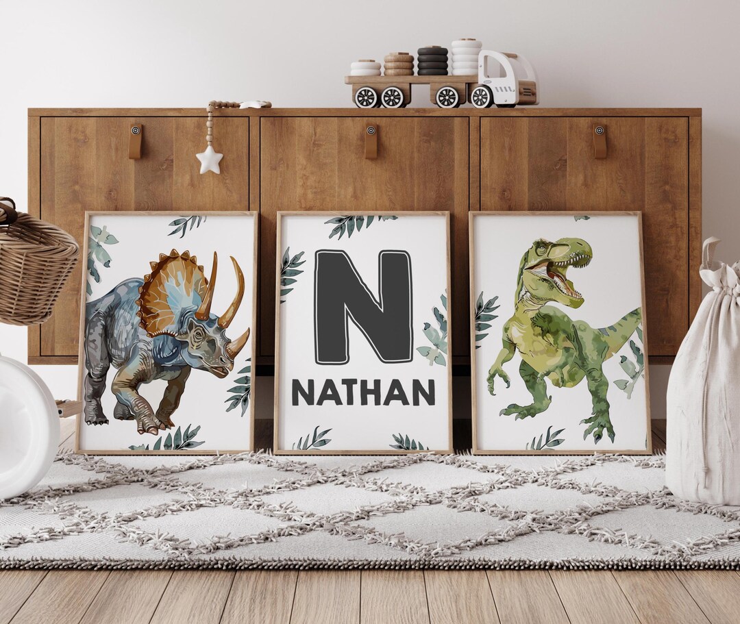 Printable Dinosaur Prints, Personalized Dinosaur Wall Art, Set of 3 ...