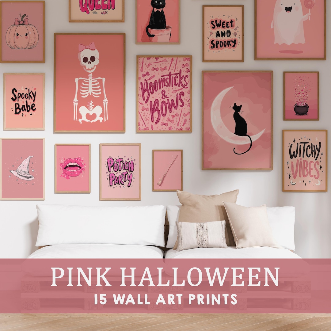 Pink Halloween Gallery Wall Art Set of 15: Spooky Pastel Prints, Black ...