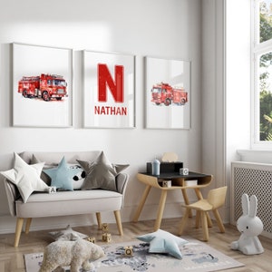 Kids Fire Engine Prints, Set of 3 Boys Room Wall Art, Boys Playroom ...