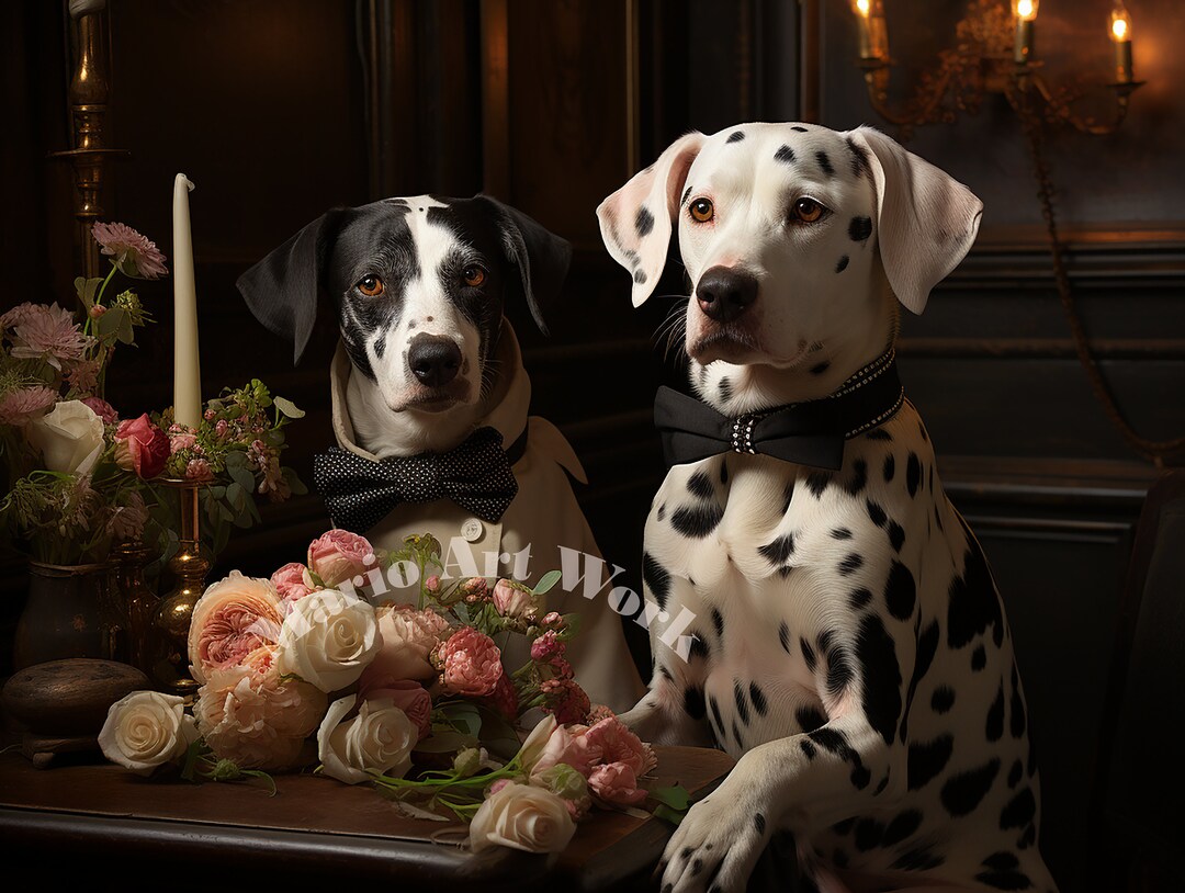Regal Dalmatian Duo Classic Spotted Dogs With Elegant Bows and Floral ...
