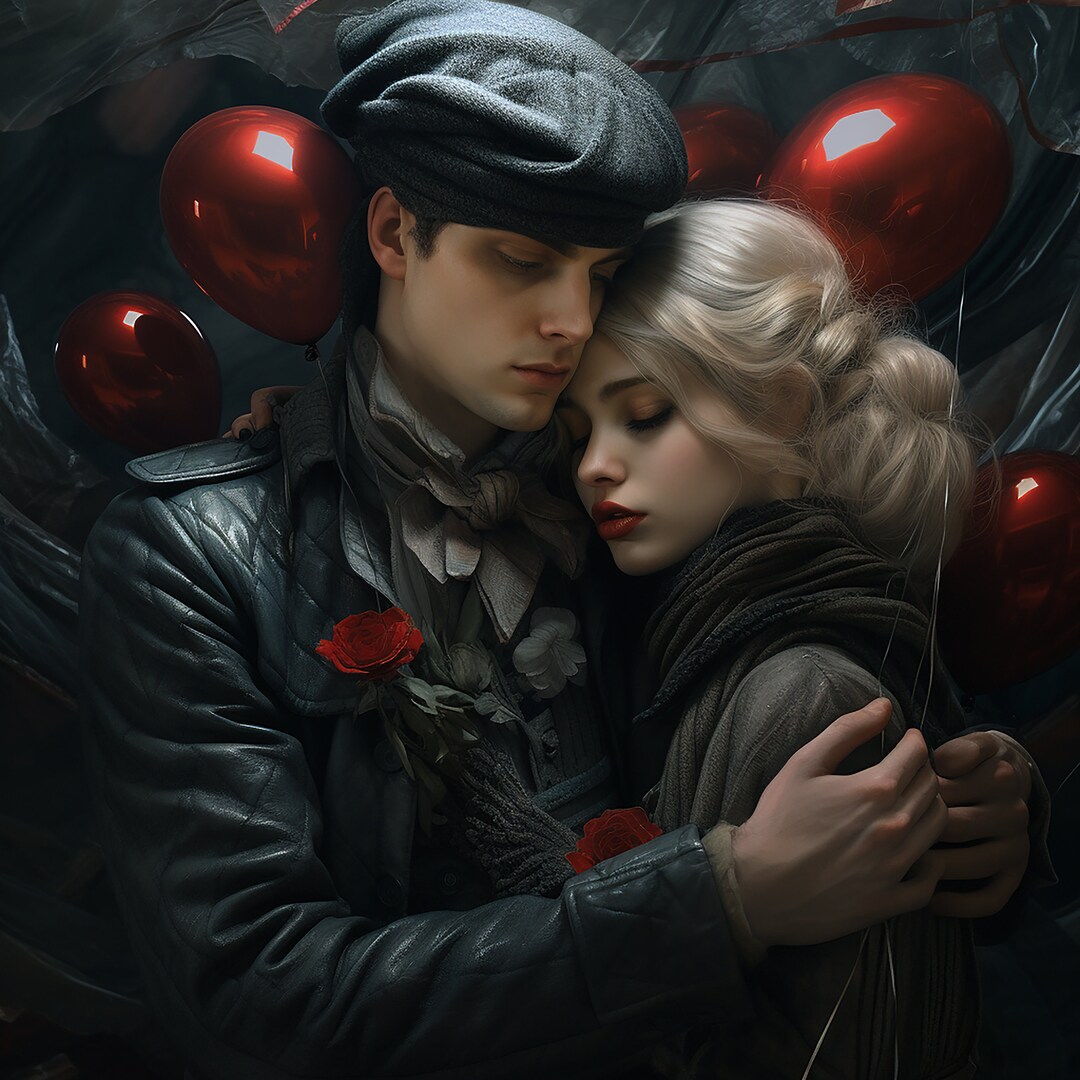 Romantic Couple Embrace Art Tender Love and Affection Print Red Balloon ...