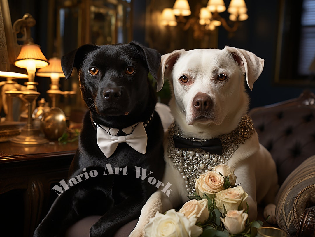 Elegant Canine Pair Sophisticated Black and White Dogs in Formal Attire ...