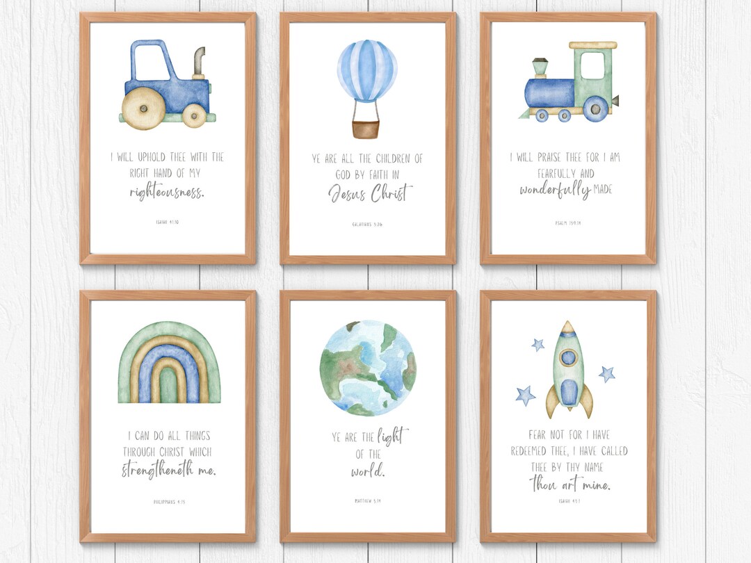 Set of 6 Christian Nursery Decor Bible Verse Wall Art Watercolor Boy ...