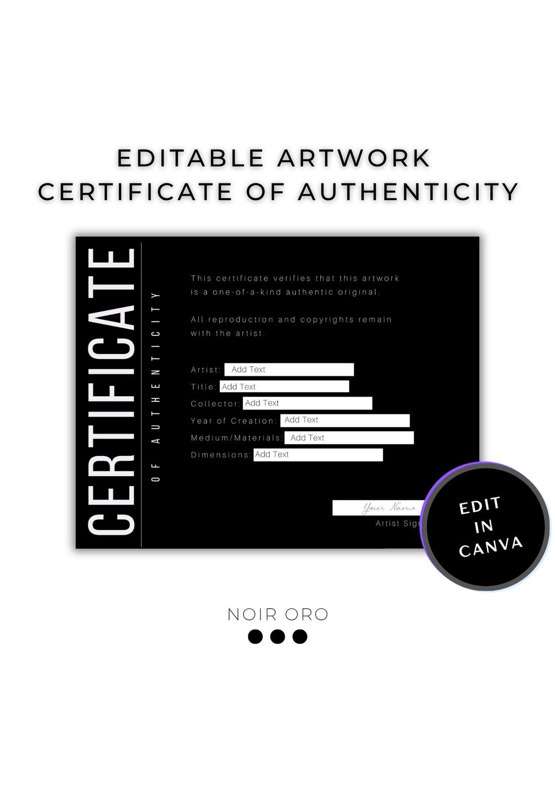 Editable Artist Certificate of Authenticity | Minimal Dark Canva ...