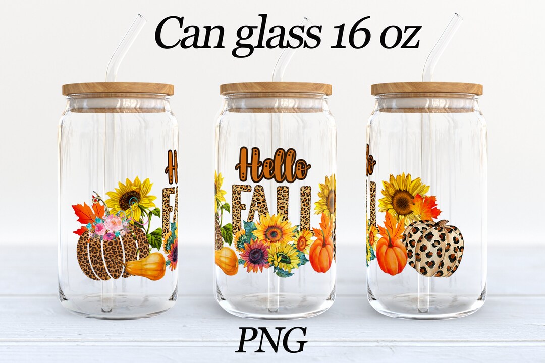 Hello Pumpkin Sunflowers Can Glass Wrap PNG Hello Fall Leopard Font ...