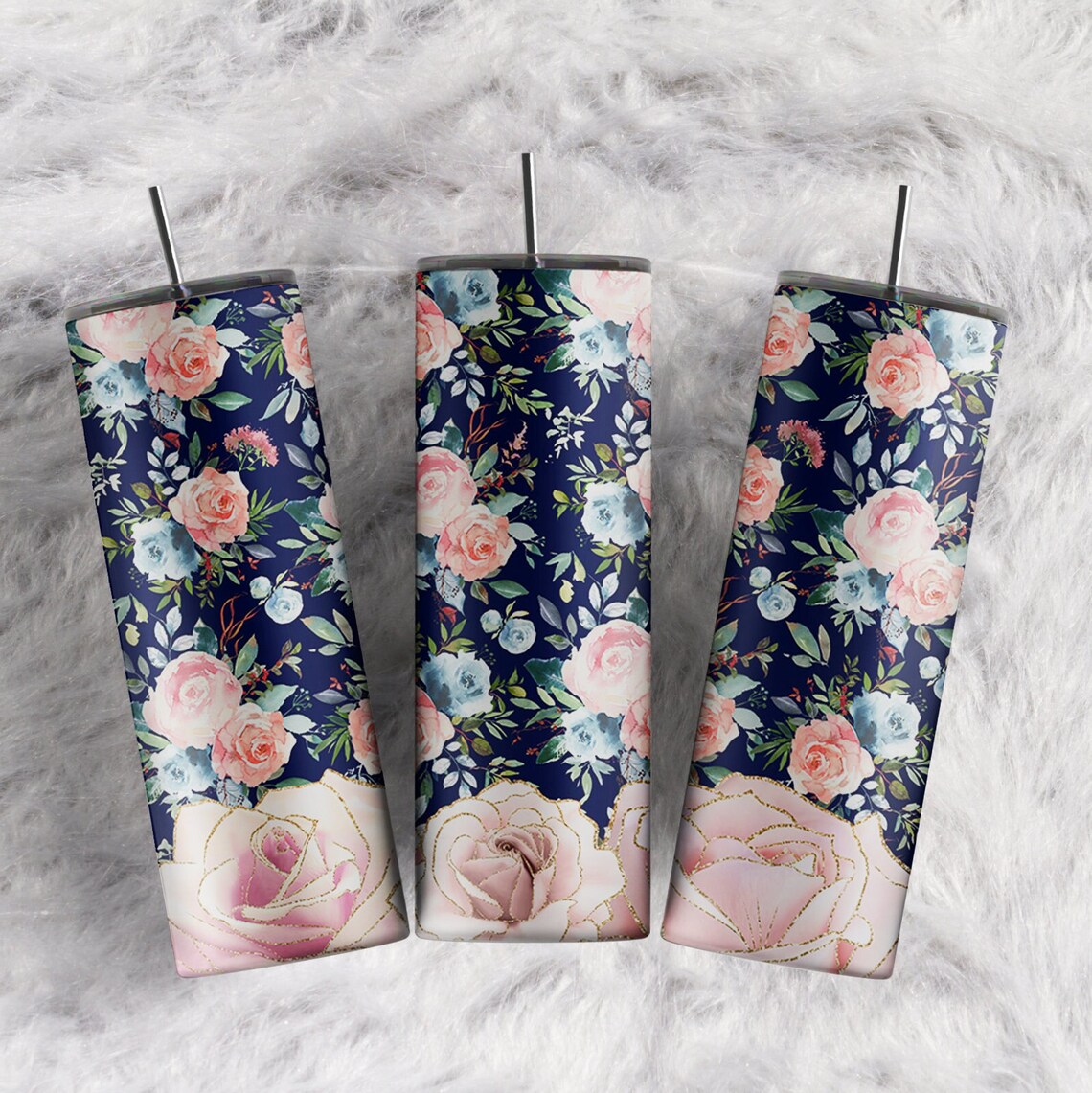 Navy Blue Pink Watercolor Floral Gold Roses Glitter - Etsy