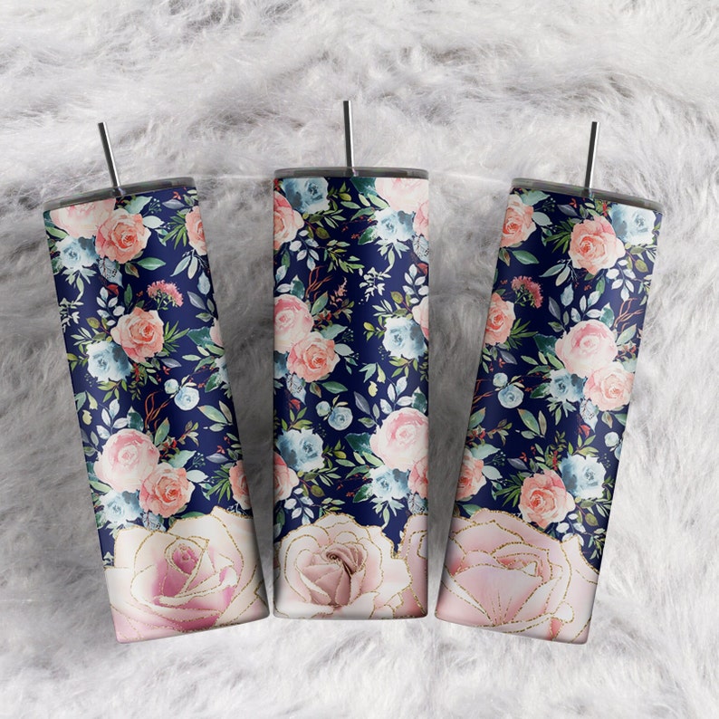 Navy Blue Pink Watercolor Floral Gold Roses Glitter - Etsy