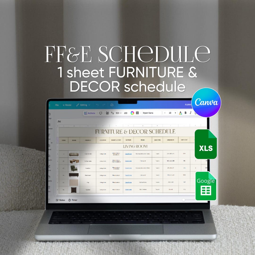 1 Sheet FF&E Furniture Decor Schedule Excel Google Sheets Canva ...