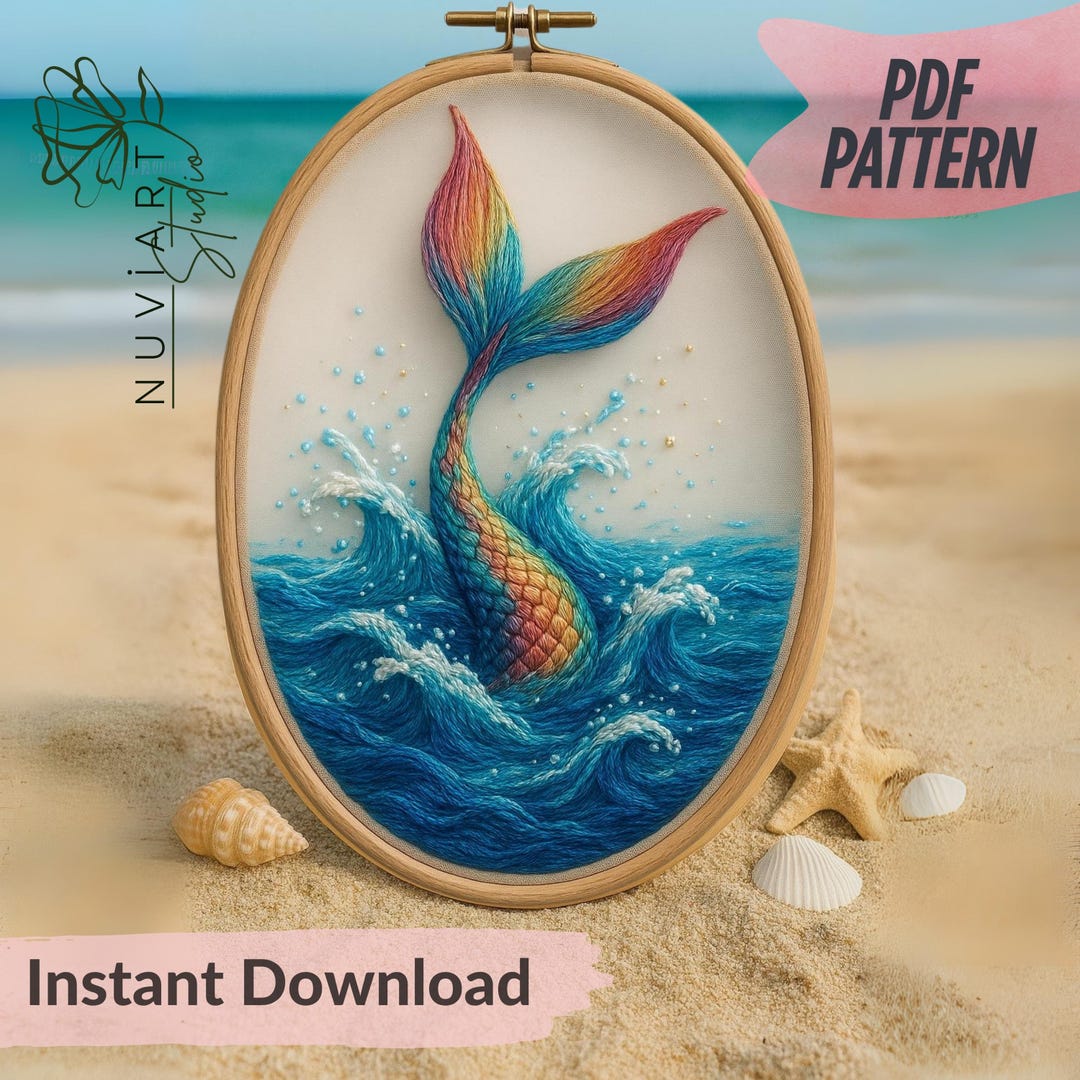 Mermaid Tail Embroidery Pattern: Rainbow Ocean Waves Hoop Art (PDF ...