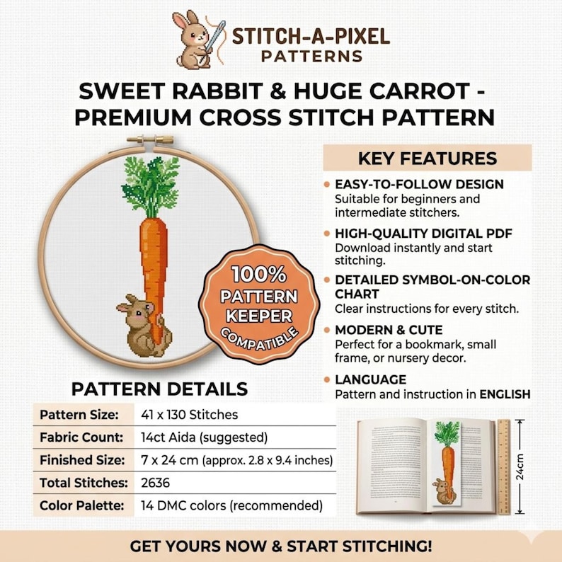 Rabbit Carrot Cross Stitch Pattern, Beginner Bookmark Design (PDF ...