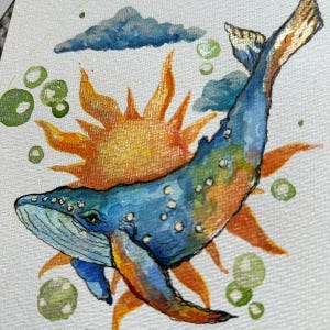 Original Whale Watercolor Painting: Handmade Ocean & Sun Art, Signed - Etsy