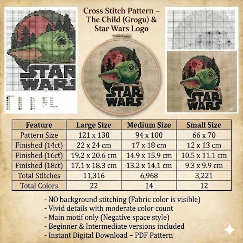 Baby Yoda Cross Stitch Pattern PDF • Star Wars Stitch Grogu Embroidery ...
