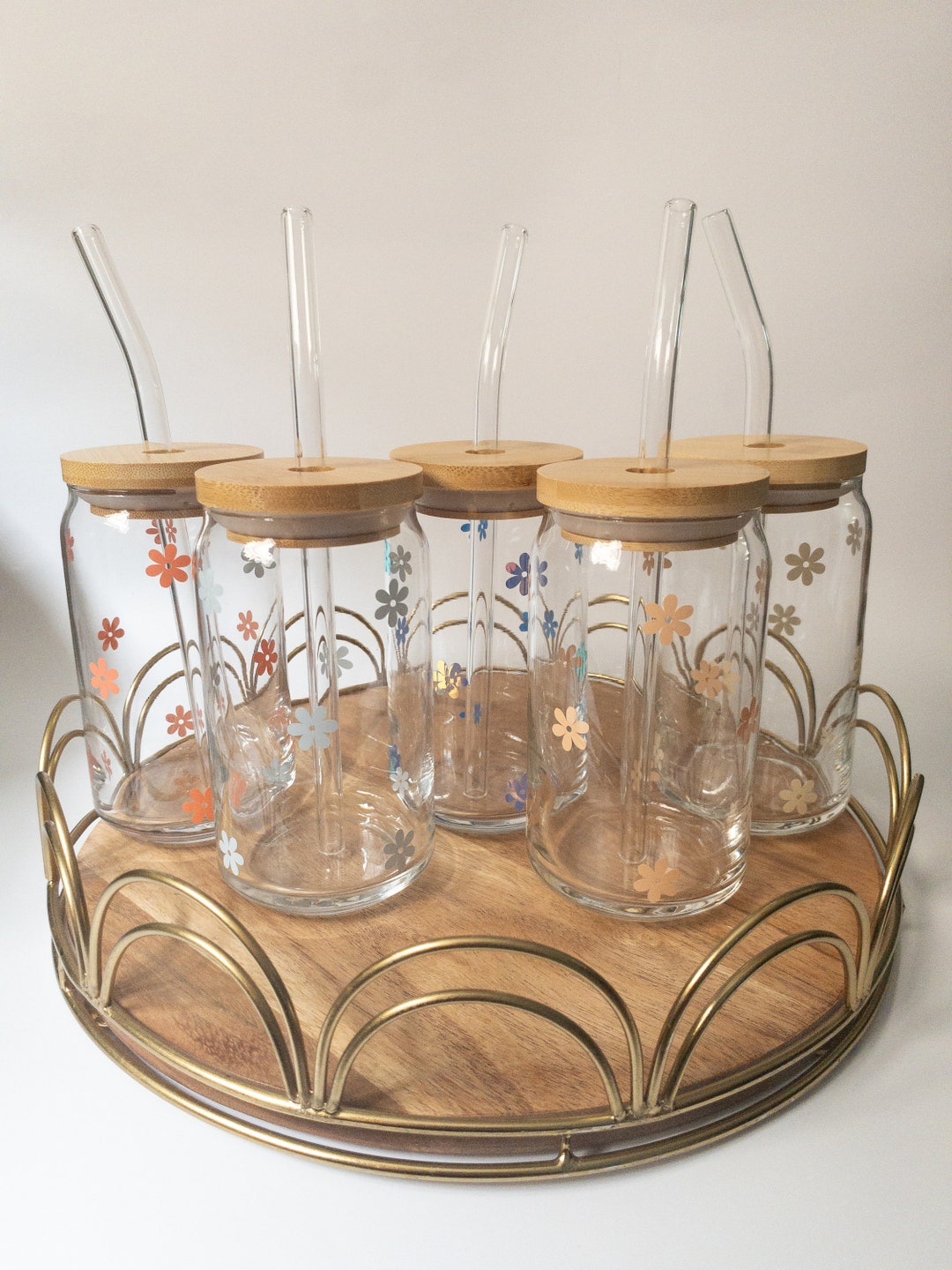 Daisy Glass Cup With Lid and Straw, Flower Glass Cups, Floral Glass Cup ...