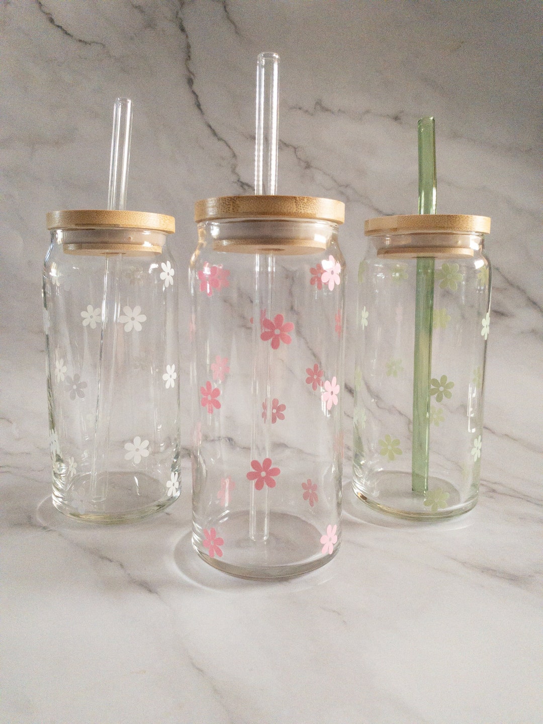 Daisy Glass Cup With Lid and Straw, Flower Glass Cups, Floral Glass Cup ...