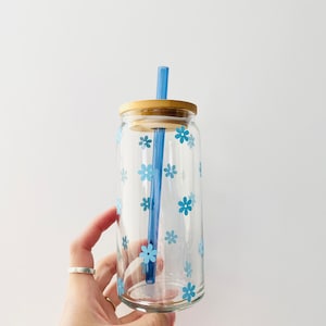 Daisy Glass Cup With Lid and Straw, Flower Glass Cups, Floral Glass ...