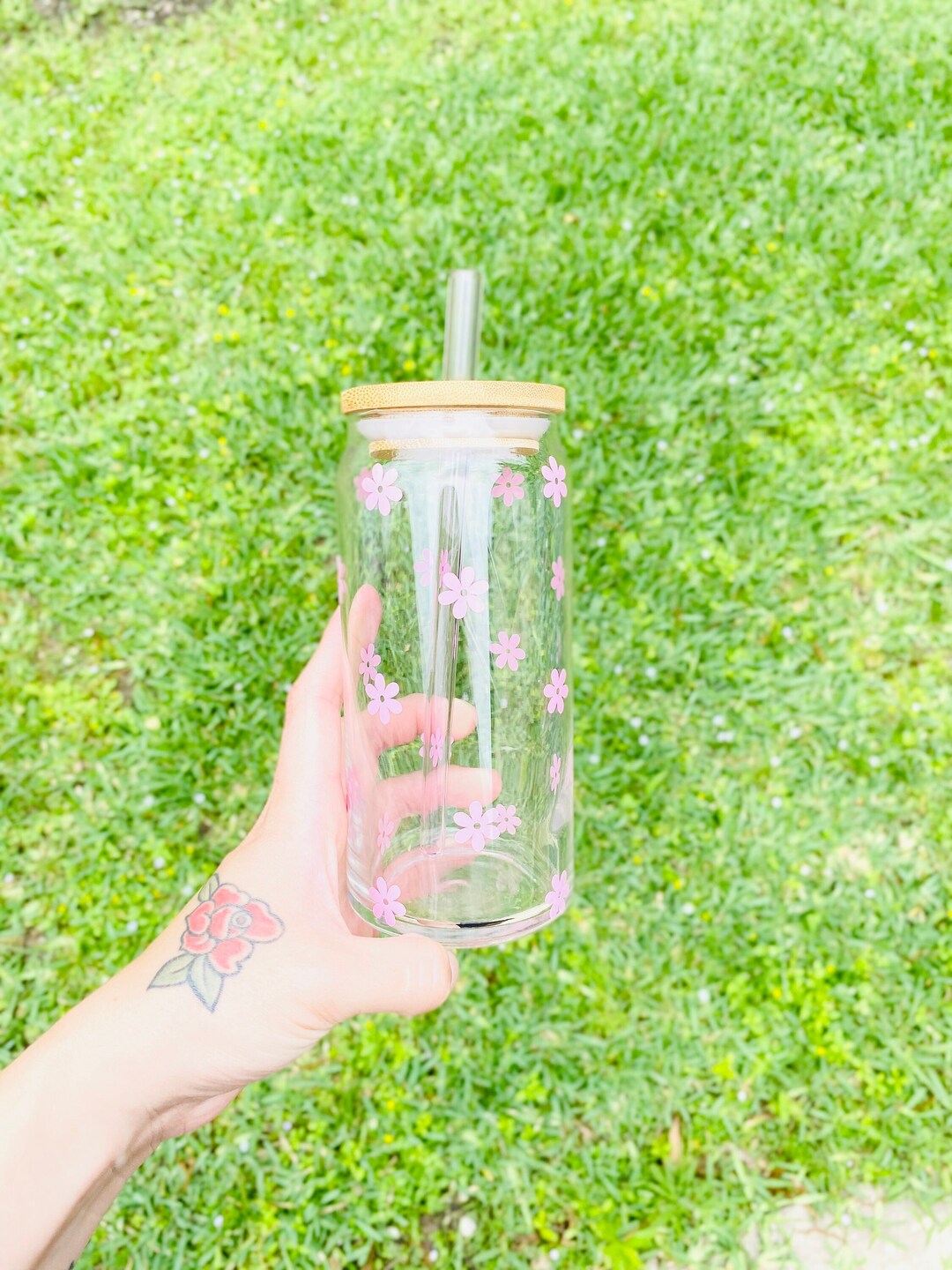 Daisy Glass Cup With Lid and Straw, Flower Glass Cups, Floral Glass ...