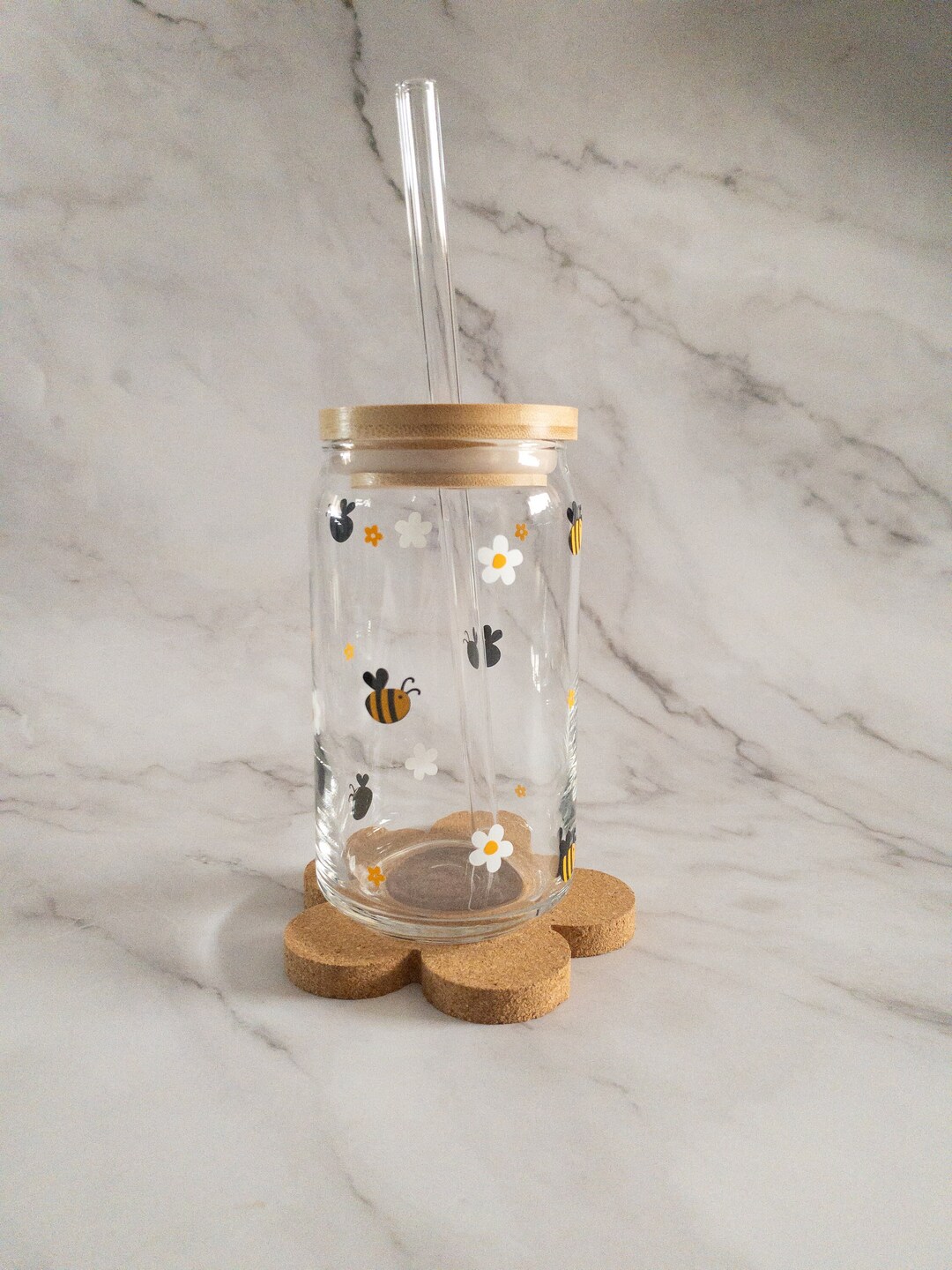 Bee Glass Cups With Lid and Straw, Flower Glass Cups With Lid and Straw ...