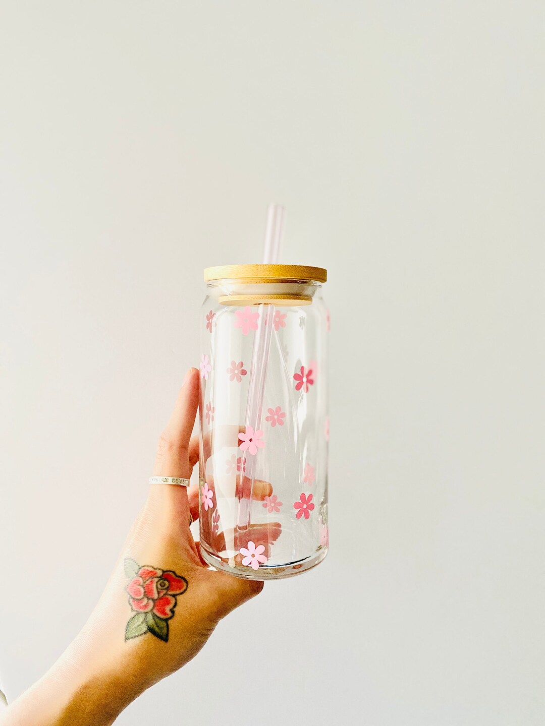 Daisy Glass Cup With Lid and Straw Flower Glass Cups Floral - Etsy