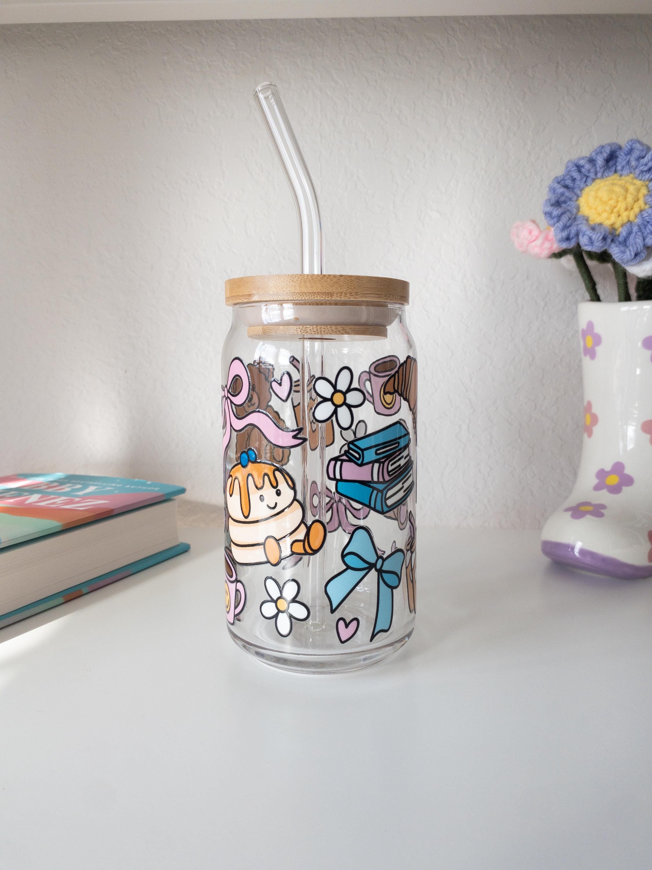 Bookish Coquette Glass Can Cup | Teddy Bear Reader Iced Coffee Glass ...