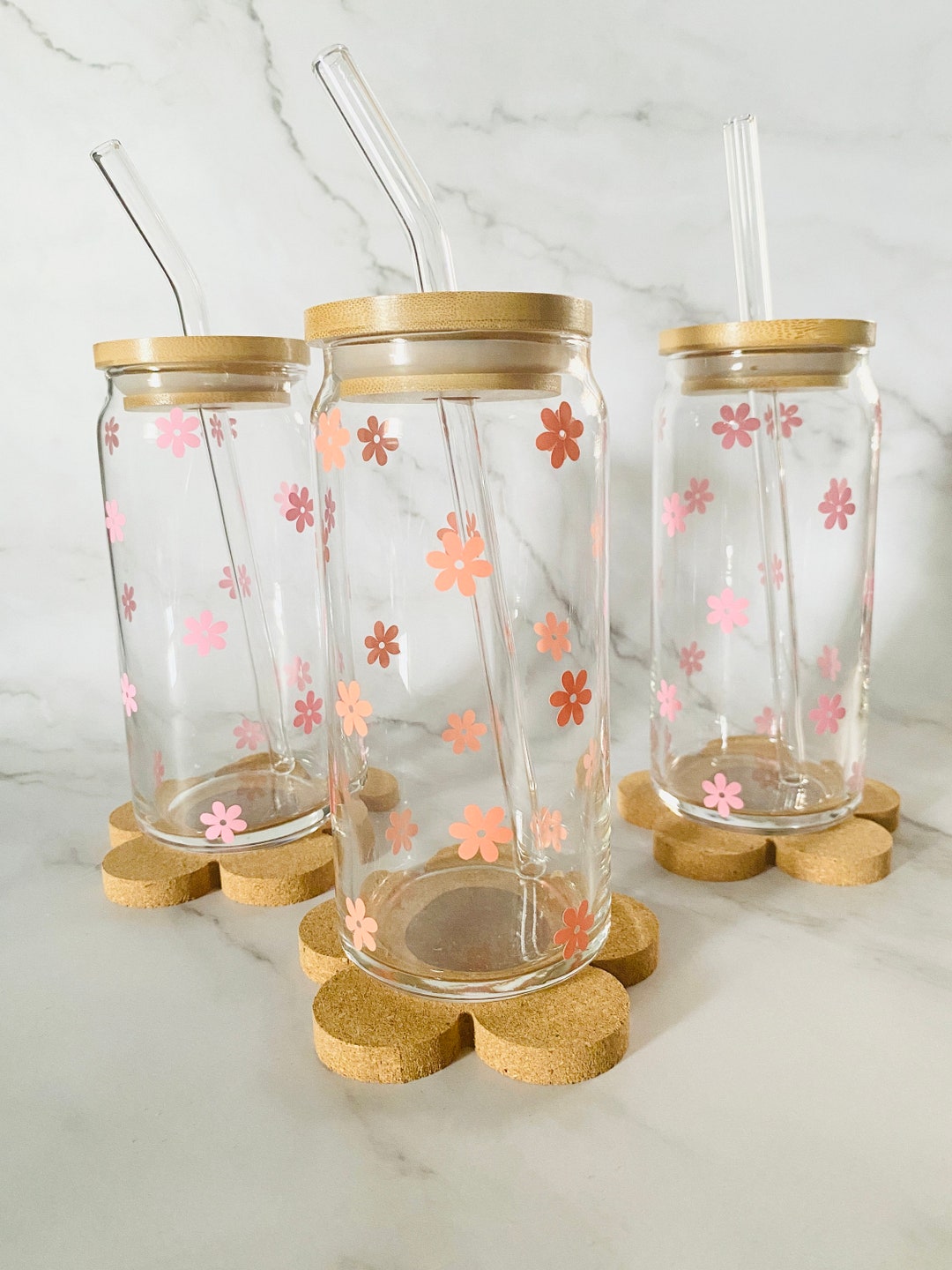 Flower Glass Cups, Floral Iced Coffee Cup, Glass Cups With Lid and ...
