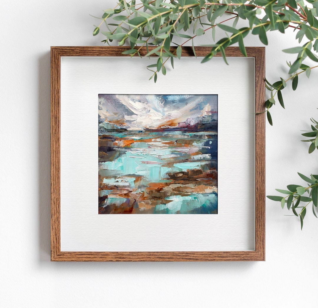 Abstract Beach Landscape Oil Painting, Low Tide Ocean Horizon Decor ...