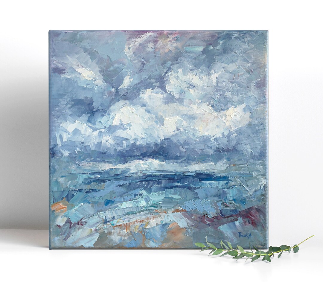 Abstract Impasto Seascape Oil Painting on Canvas, Textured Cloud Ocean ...