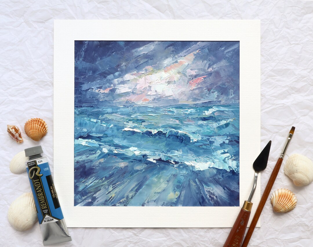 Abstract Seascape at Sunset Oil Painting, Textured Impasto Ocean and ...