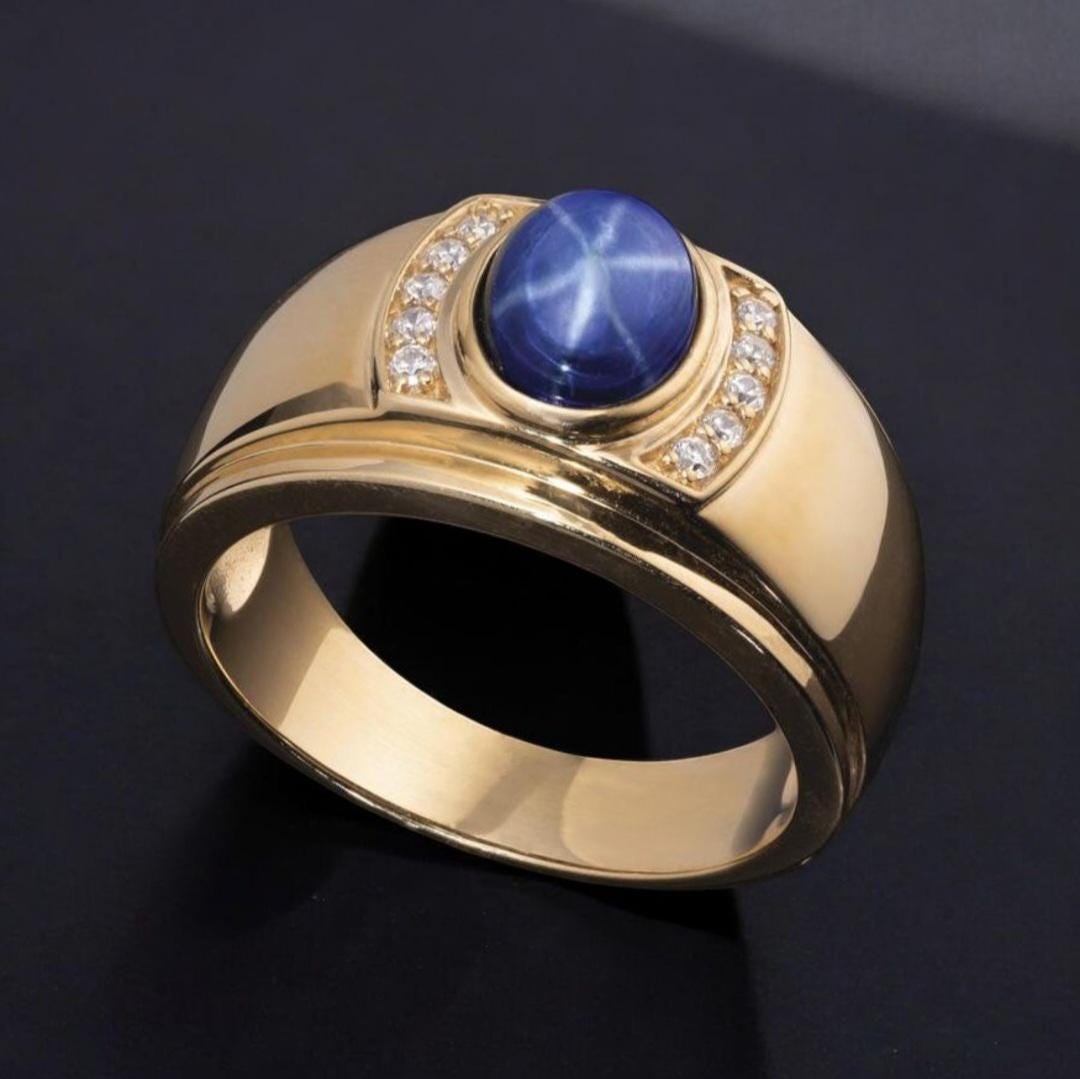 14k Gold Men's Star Sapphire Ring, Solid 925 Sterling Silver, Lindy ...