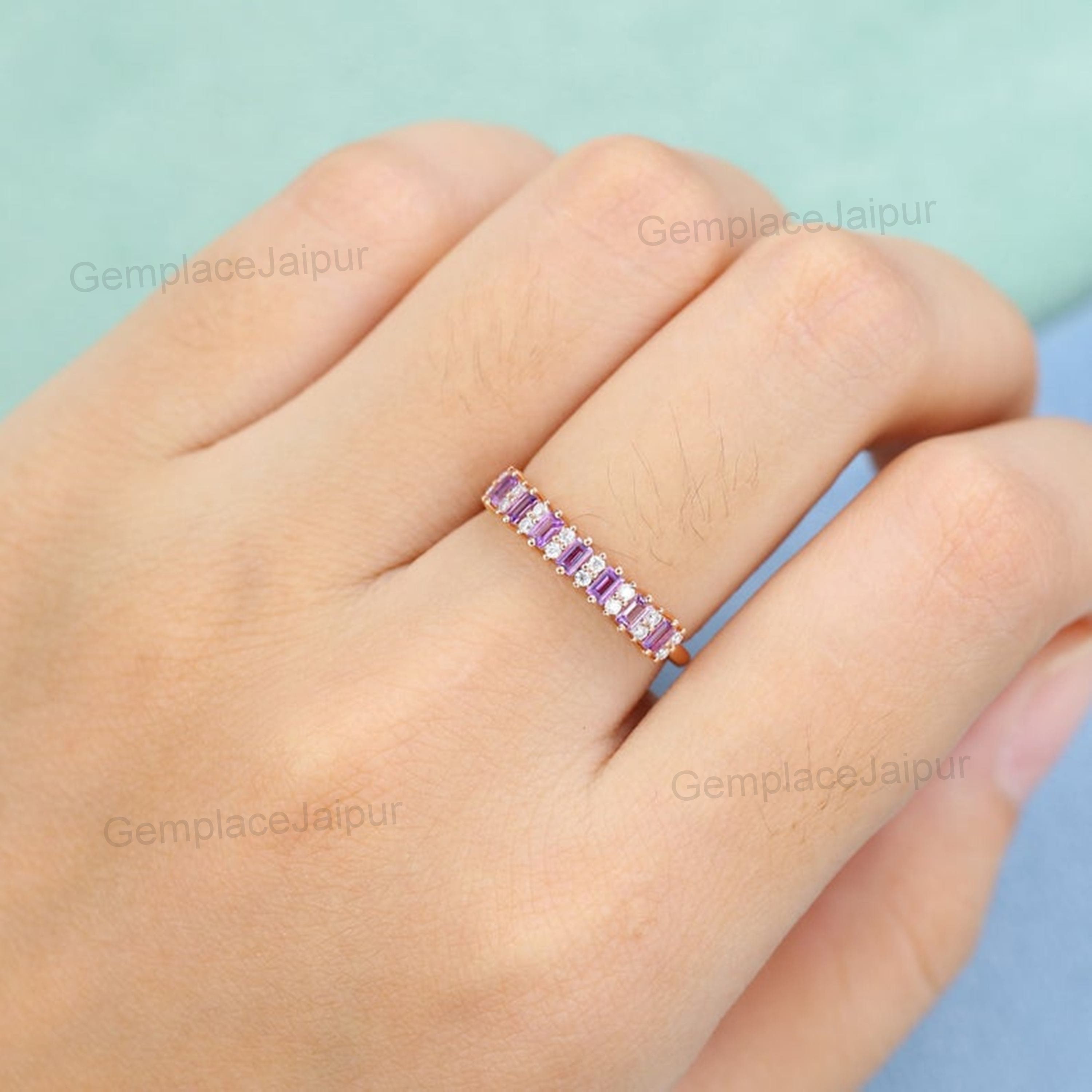 Natural Amethyst Wedding Band, 14k Gold Band, Amethyst Half Eternity ...