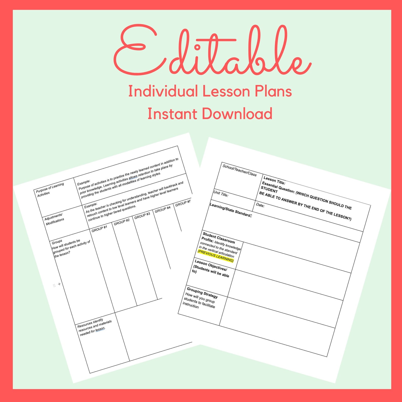 EDITABLE Individual Lesson Plan Template WORD DOCX - Etsy Australia