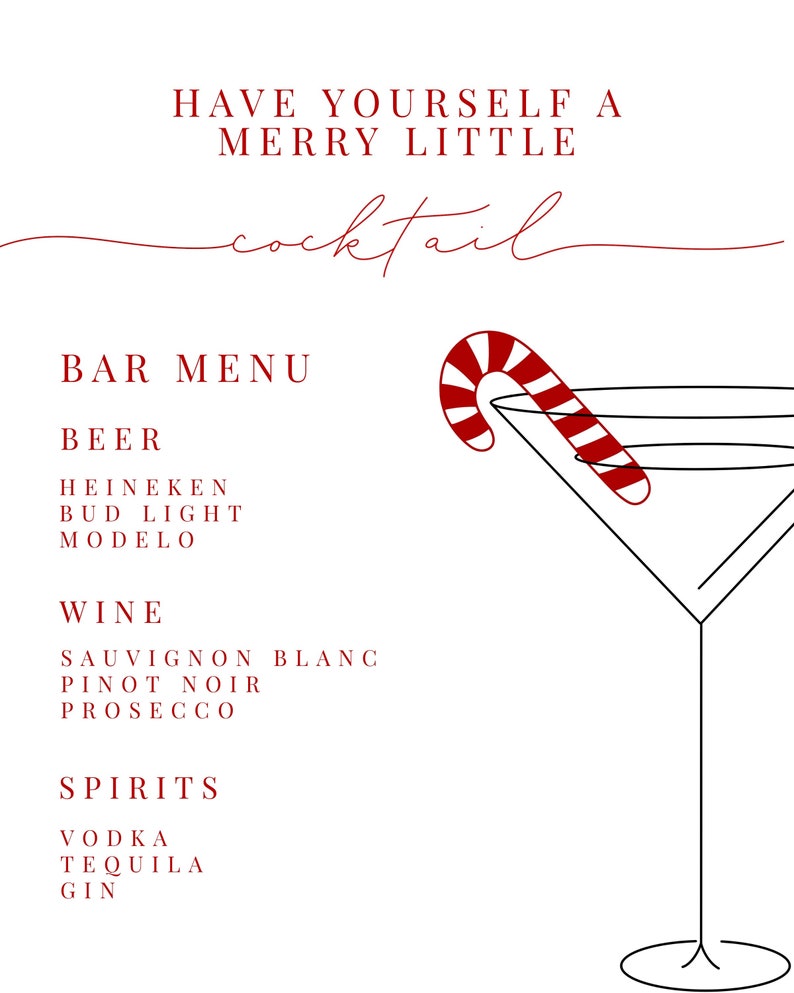 Holiday Party Bar Menu Template | Christmas Cocktail Party | Holiday ...