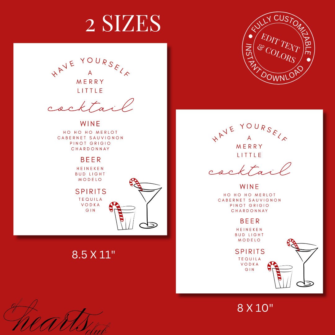 Holiday Party Bar Menu Template | Christmas Cocktail Party | Holiday ...