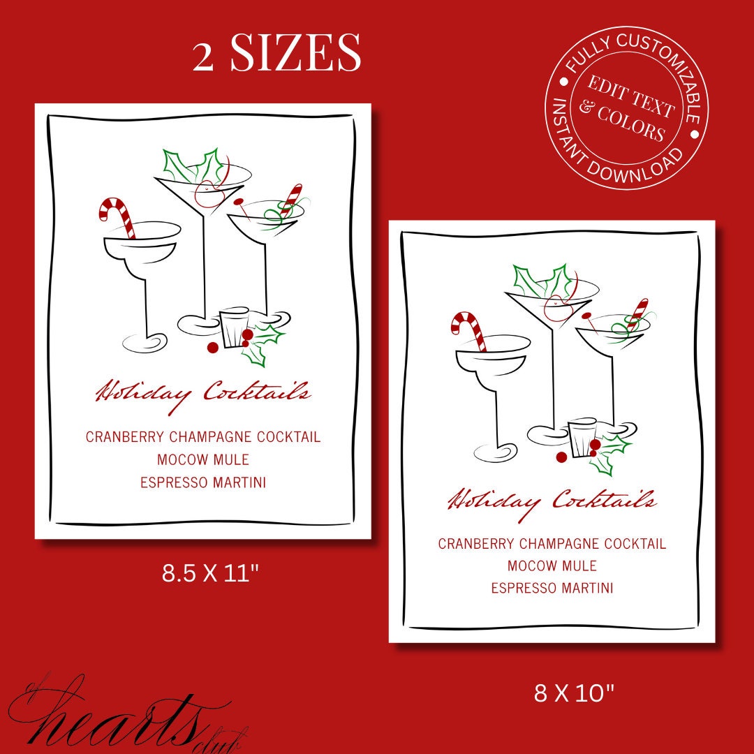Holiday Party Bar Menu Template | Christmas Cocktail Party | Holiday ...