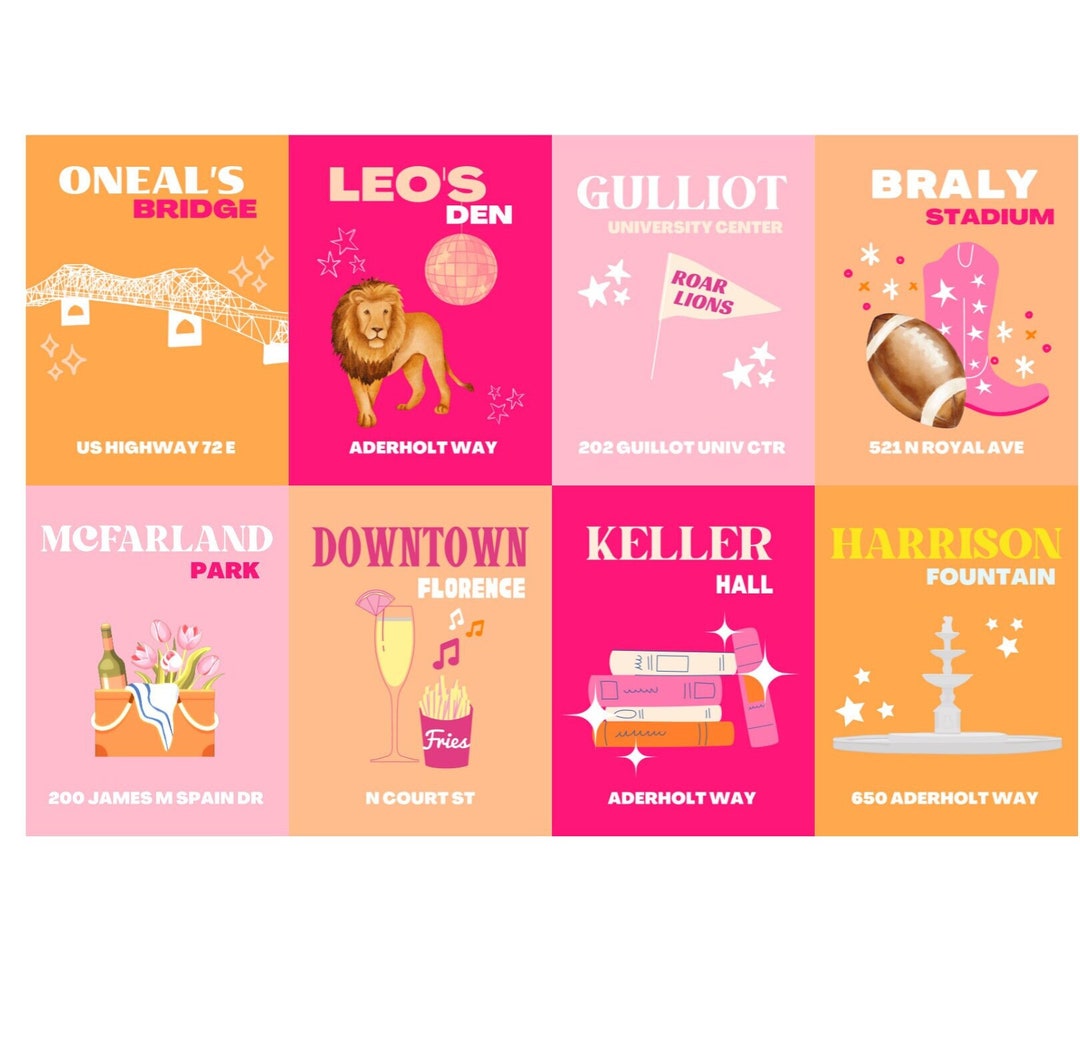 University of North Alabama Preppy Landmark Prints Set of 8 Colorful ...