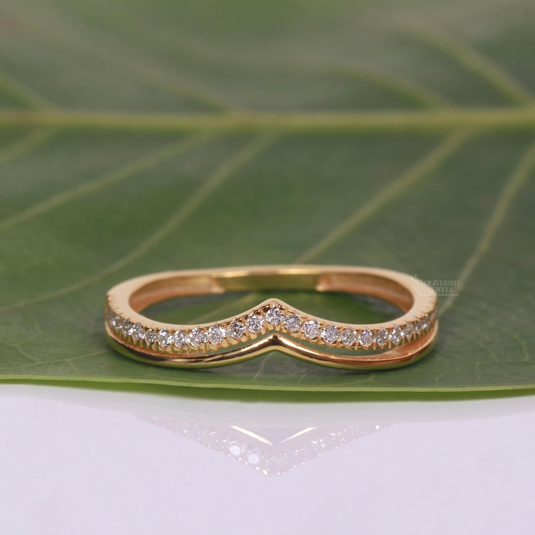 V Shaped Wedding Band, Double Layer Half Eternity Band, V Shaped ...
