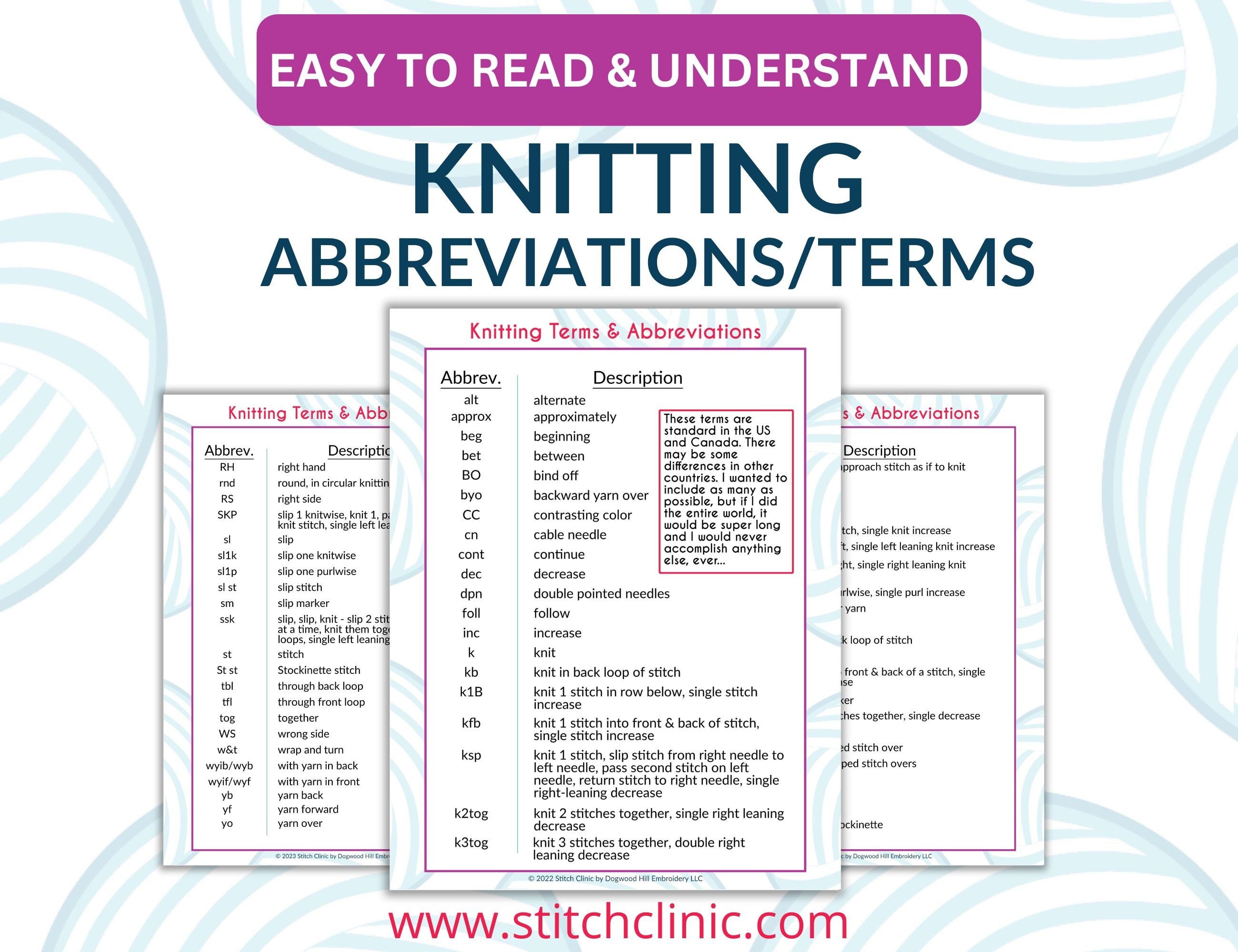Knitting Terms & Abbreviations Printable Knitting Resource Help Reading ...